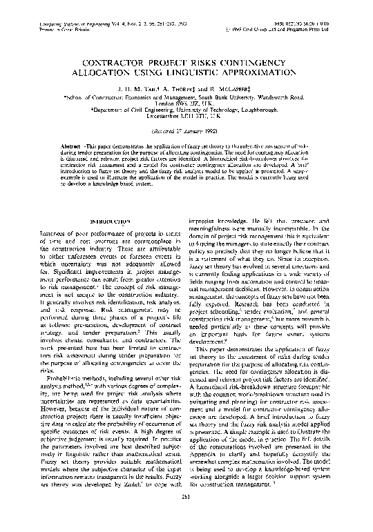 Pdf Contractor Project Risks Contingency Allocation Using Linguistic Approximation