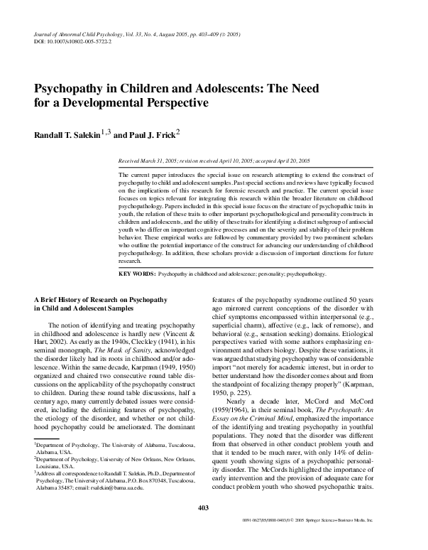 (PDF) Psychopathy in Children and Adolescents: The Need for a ...