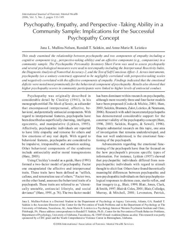 (PDF) Psychopathy, Empathy, and Perspective -Taking Ability in a ...