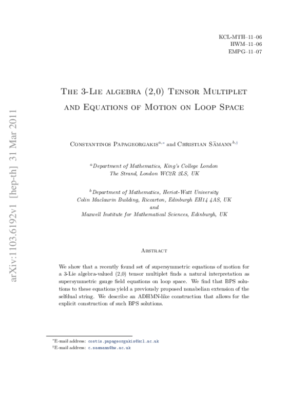 (PDF) The 3-Lie algebra (2,0) tensor multiplet and equations of motion ...