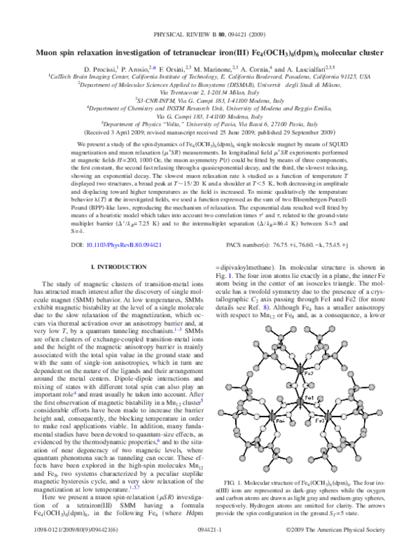 Muon spin relaxation investigation of tetranuclear iron(III) Fe4(OCH3)6 ...