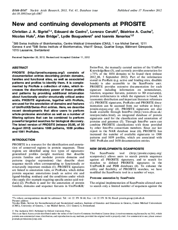 (PDF) New and continuing developments at PROSITE