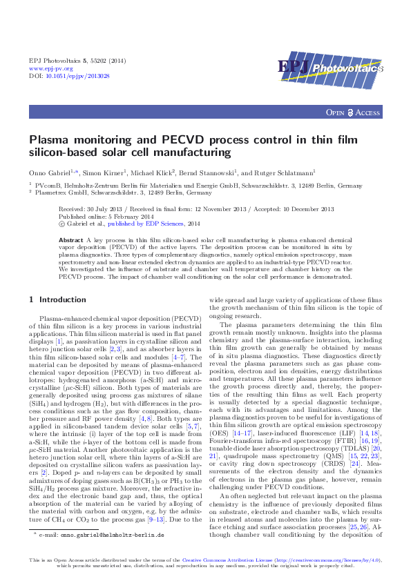 (PDF) Plasma monitoring and PECVD process control in thin film silicon ...