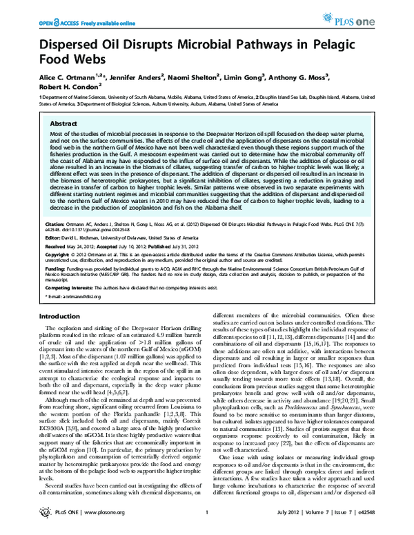 (PDF) Dispersed Oil Disrupts Microbial Pathways in Pelagic Food Webs