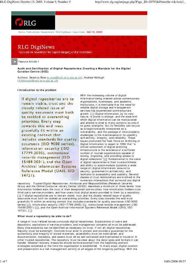 (PDF) Audit and Certification of Digital Repositories: Creating a ...