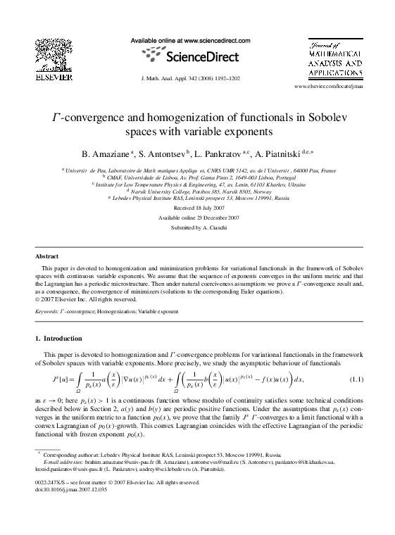 Pdf Γ Convergence And Homogenization Of Functionals In Sobolev Spaces
