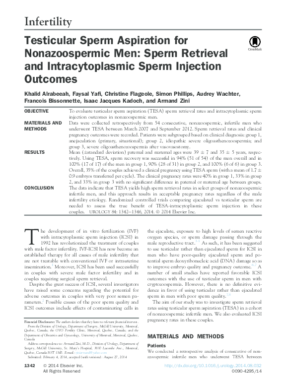 (PDF) Testicular Sperm Aspiration for Nonazoospermic Men: Sperm ...