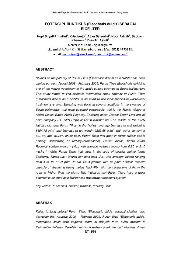 (PDF) POTENSI PURUN TIKUS (Eleocharis dulcis) SEBAGAI BIOFILTER