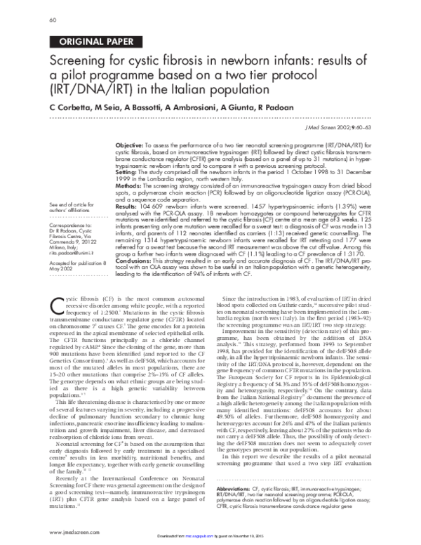 (PDF) Screening for cystic fibrosis in newborn infants: results of a ...