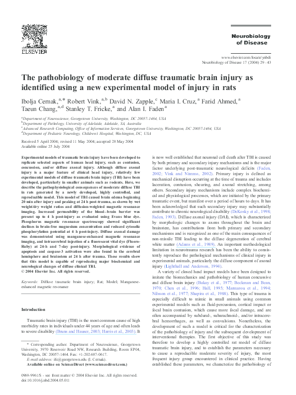 (PDF) The pathobiology of moderate diffuse traumatic brain injury as ...