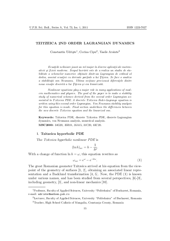 (PDF) TZITZEICA 2ND ORDER LAGRANGIAN DYNAMICS