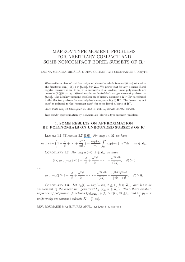 Pdf Markov Type Moment Problems For Arbitrary Compact And Some Noncompact Borel Subsets Of R