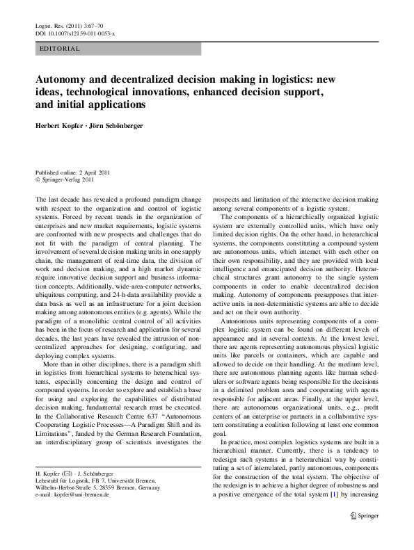 (PDF) Autonomy and decentralized decision making in logistics: new ...