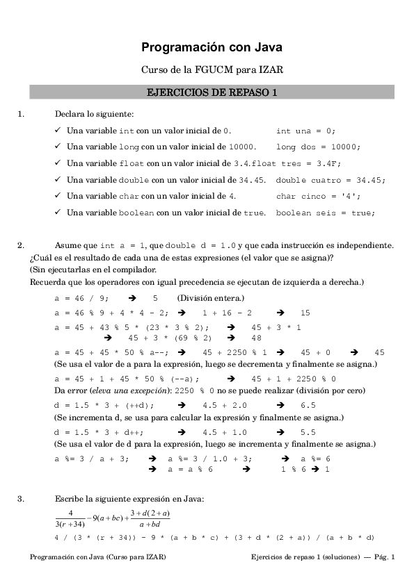 (DOC) Ejercicios sintaxis de Java soluciones 1