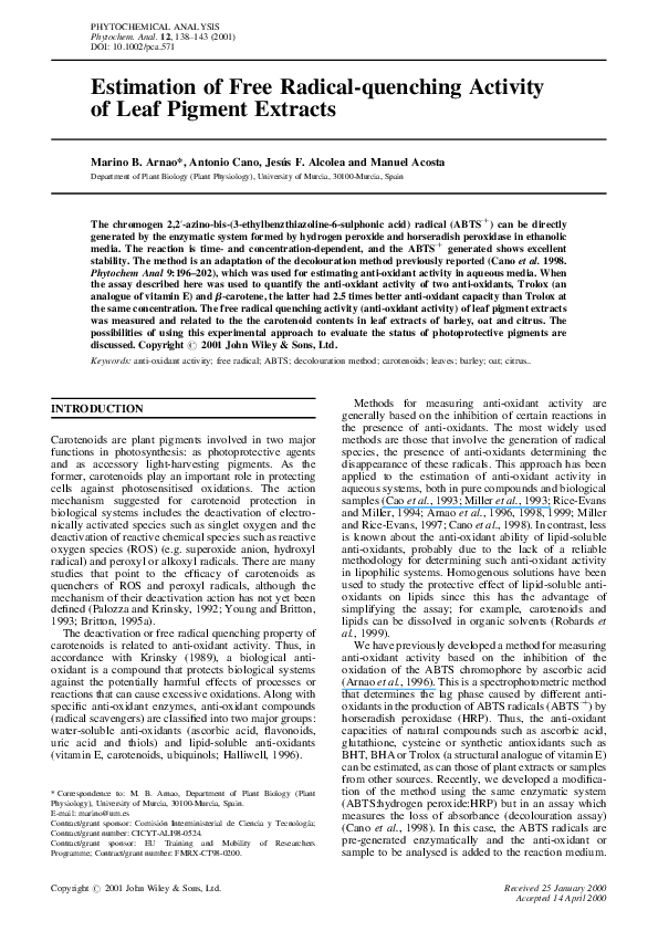 (PDF) Estimation of free radical-quenching activity of leaf pigment ...