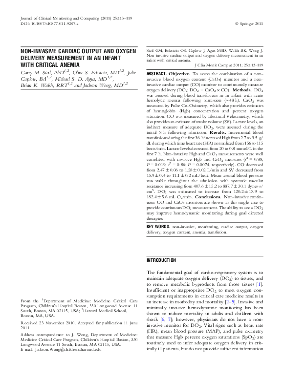 (PDF) Non-invasive cardiac output and oxygen delivery measurement in an ...