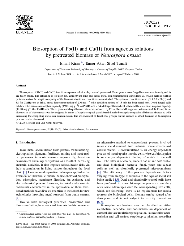 (PDF) Biosorption of Pb(II) and Cu(II) from aqueous solutions by pretreated biomass of ...