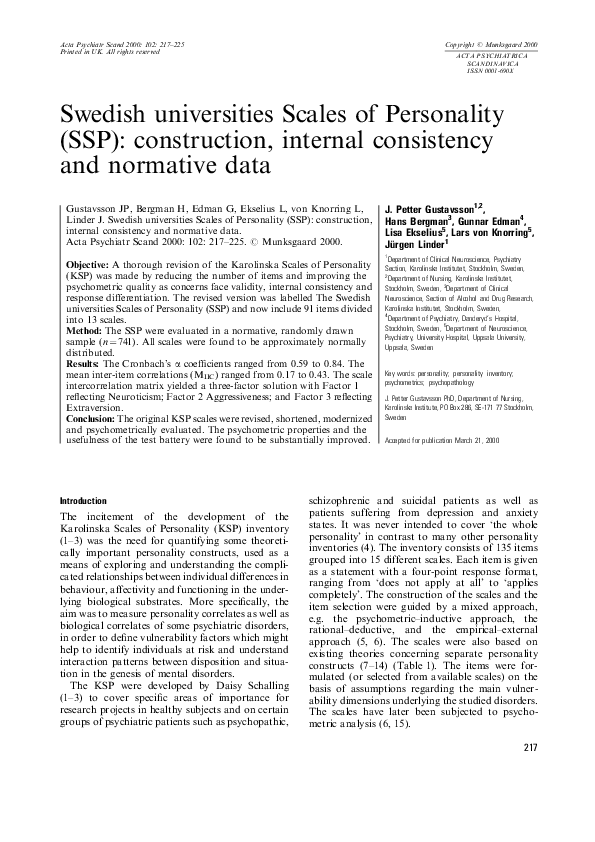 (PDF) Swedish universities Scales of Personality (SSP): construction ...