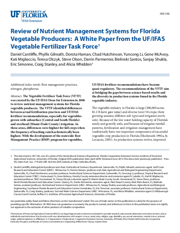 (PDF) REVIEW OF NUTRIENT MANAGEMENT SYSTEMS FOR FLORIDA VEGETABLE ...
