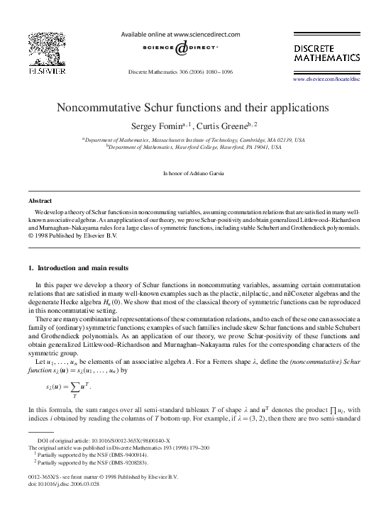 Pdf Noncommutative Schur Functions And Their Applications