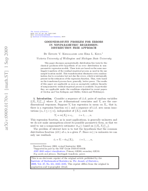 Pdf Goodness Of Fit Problem For Errors In Nonparametric Regression Distribution Free Approach