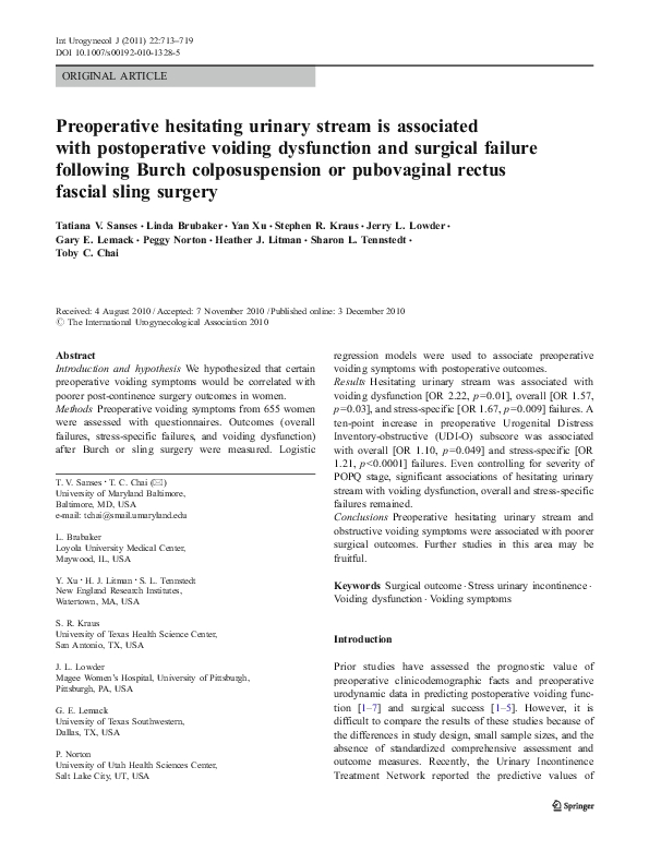 Pdf Preoperative Hesitating Urinary Stream Is Associated With Postoperative Voiding