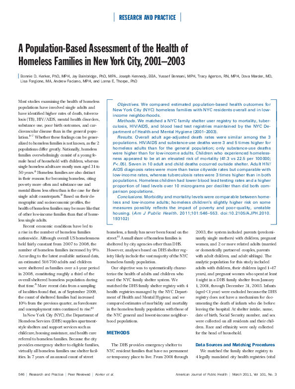 (PDF) A Population-Based Assessment of the Health of Homeless Families ...
