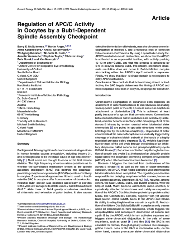 (PDF) Regulation of APC/C Activity in Oocytes by a Bub1-Dependent ...