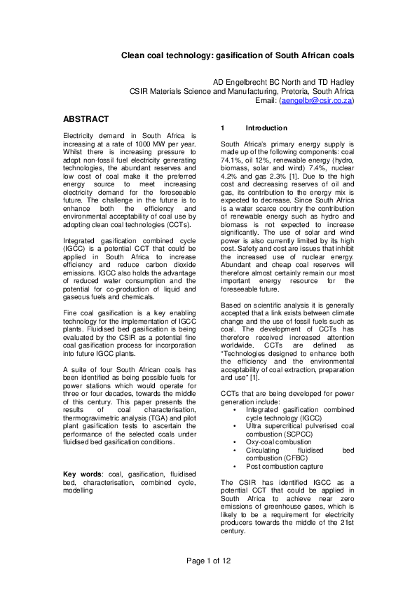 (PDF) Clean coal technology: gasification of South African coals - 2nd ... (PDF) Clean coal technology: gasification of South African coals - 2nd ...