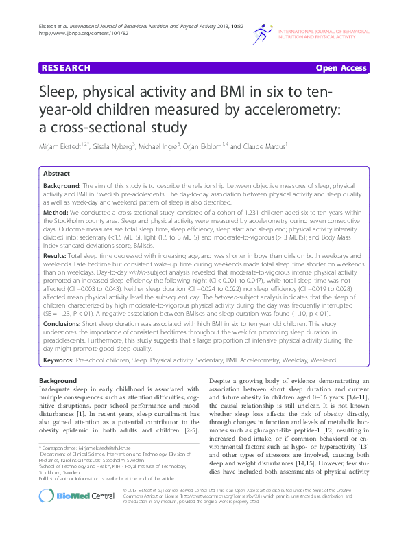 (PDF) Sleep, physical activity and BMI in six to ten-year-old children measured by accelerometry ...