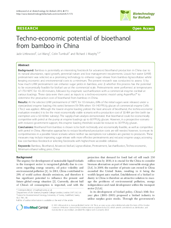 (PDF) Techno-economic potential of bioethanol from bamboo in China