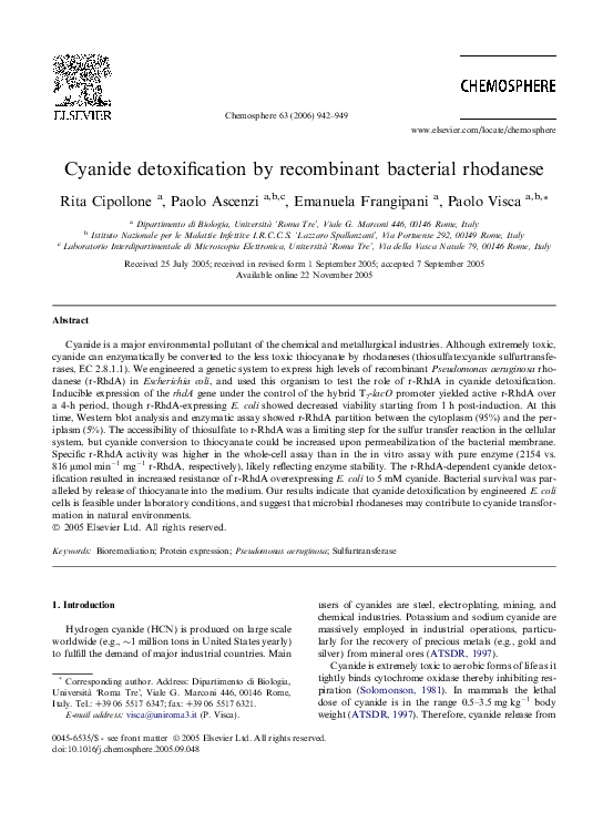 Pdf Cyanide Detoxification By Recombinant Bacterial Rhodanese