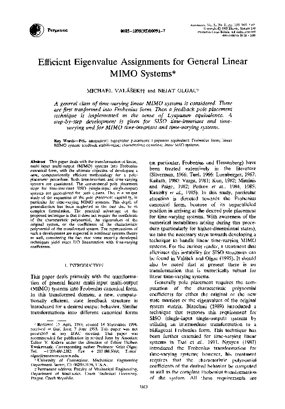 (PDF) Efficient eigenvalue assignments for general linear MIMO systems