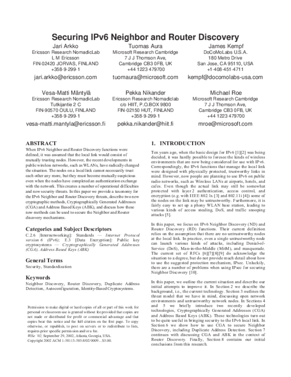 (PDF) Securing IPv6 neighbor and router discovery | James Kempf ...
