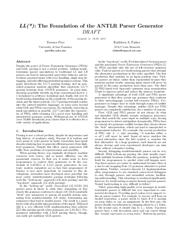 (PDF) LL (*): The foundation of the ANTLR parser generator