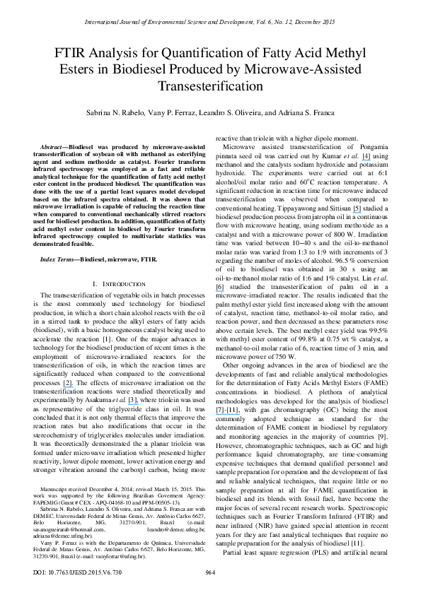 (PDF) FTIR Analysis for Quantification of Fatty Acid Methyl Esters in ...