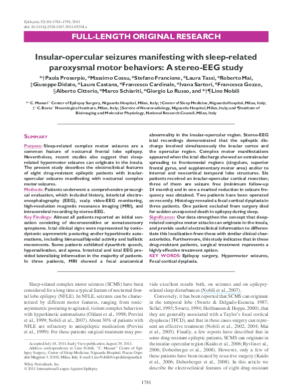 (PDF) Insular‐opercular seizures manifesting with sleep‐related ...