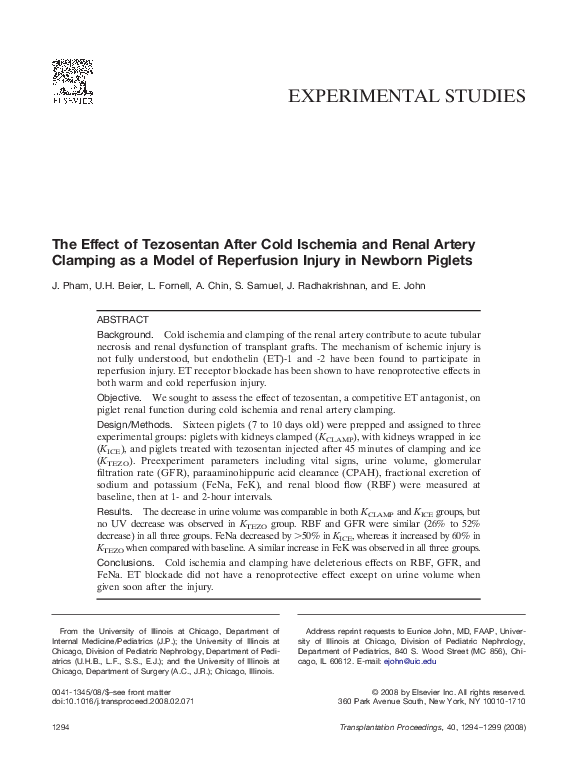 (PDF) The Effect of Tezosentan After Cold Ischemia and Renal Artery ...