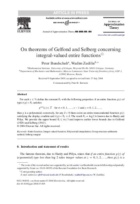 (PDF) On theorems of Gelfond and Selberg concerning integral-valued entire functions