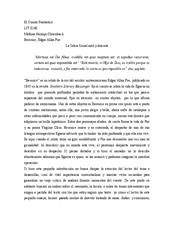 (DOC) Berenice ,Critica social, Edgar allan Poe