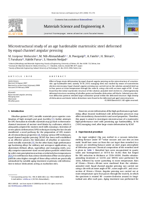 (PDF) Microstructural study of an age hardenable martensitic steel deformed by equal channel ...