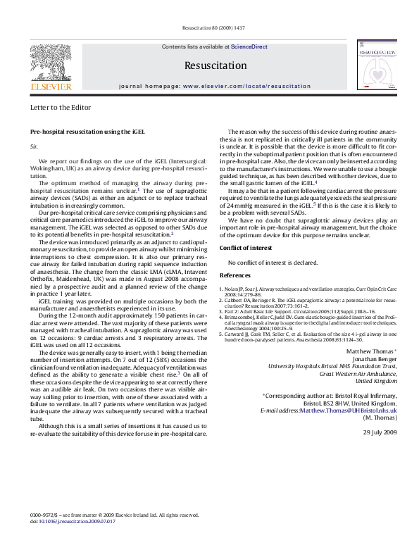 (PDF) Pre-hospital resuscitation using the iGEL