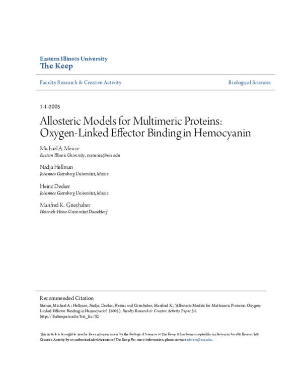 (PDF) Allosteric Models for Multimeric Proteins: Oxygen-Linked Effector ...