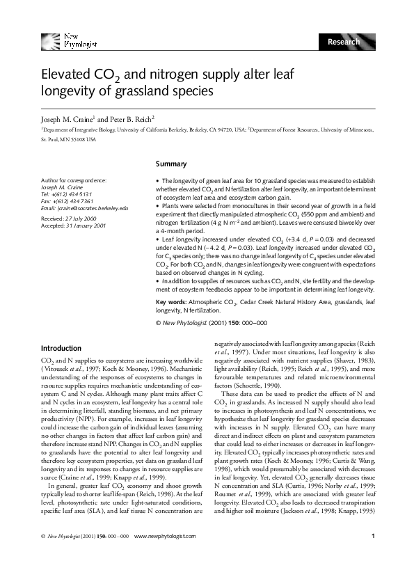 (PDF) Elevated CO2 and nitrogen supply alter leaf longevity of grassland species