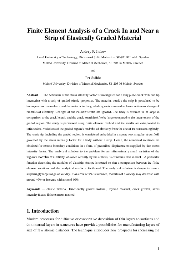 (PDF) Finite Element Analysis of a Crack In and Near a Strip of Elastically Graded Material