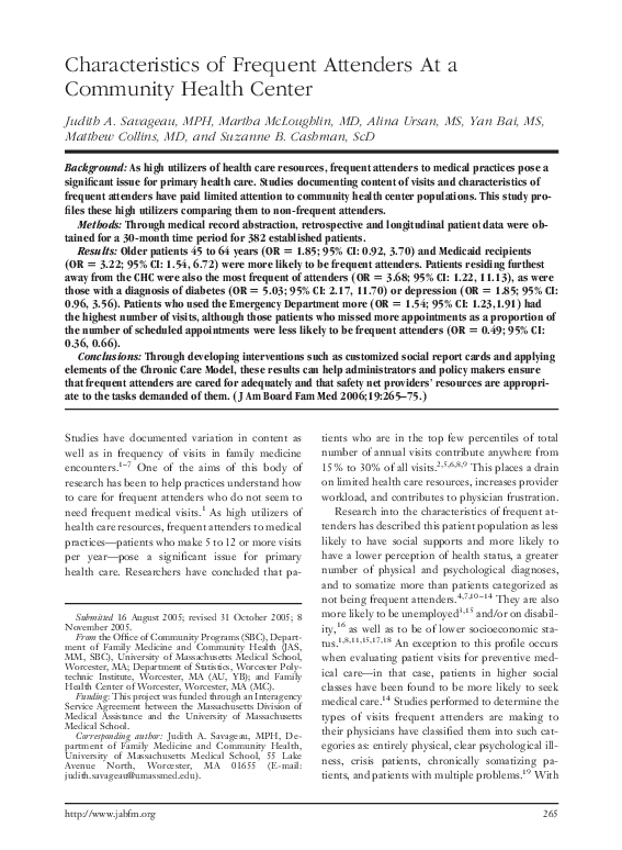 (PDF) Characteristics of Frequent Attenders At a Community Health Center