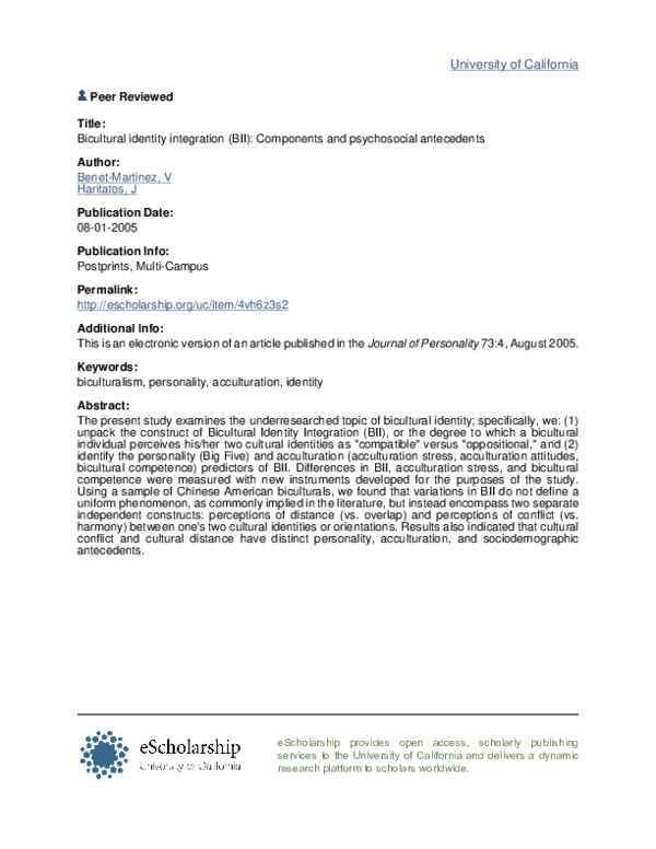 (PDF) Bicultural Identity Integration (BII): Components and ...