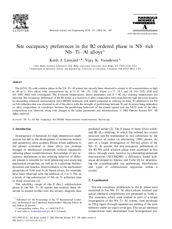 (PDF) Site occupancy preferences in the B2 ordered phase in Nb–rich Nb–Ti–Al alloys