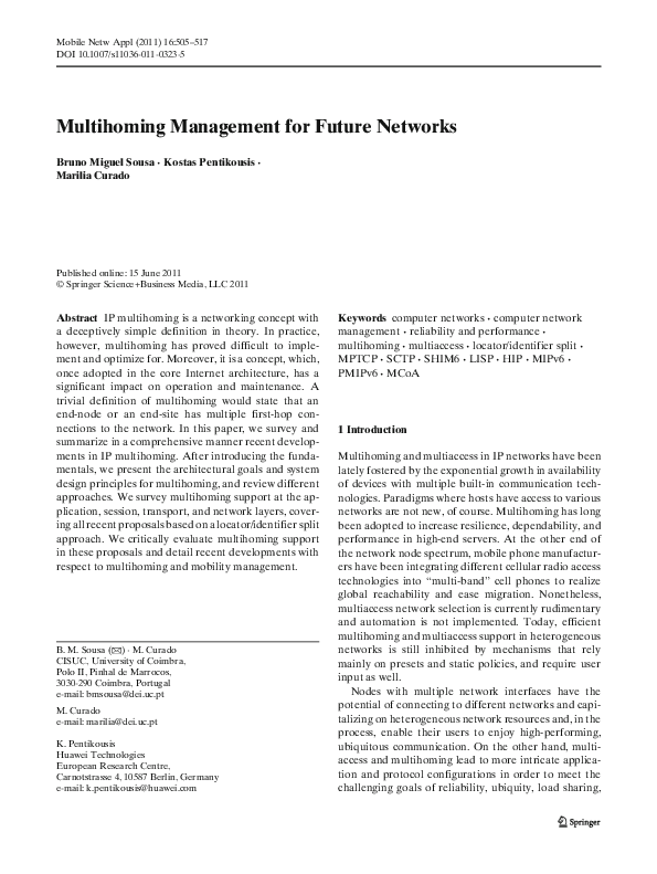(PDF) Multihoming Management for Future Networks