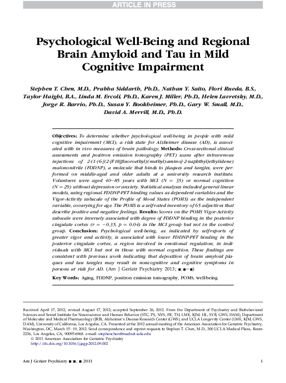(PDF) Psychological Well-Being and Regional Brain Amyloid and Tau in Mild Cognitive Impairment ...